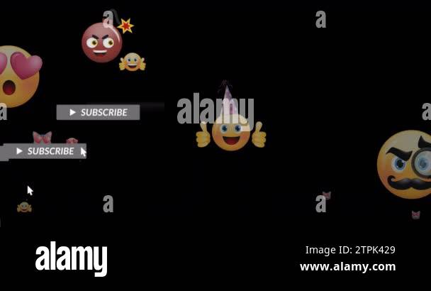 Animation of social media icons with texts over emoji icons on black ...