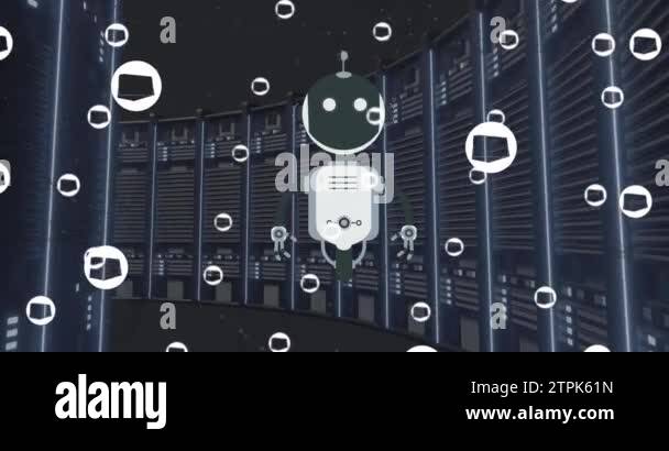 Animation of ai chat bot and icons over computer server background. Global artificial ...
