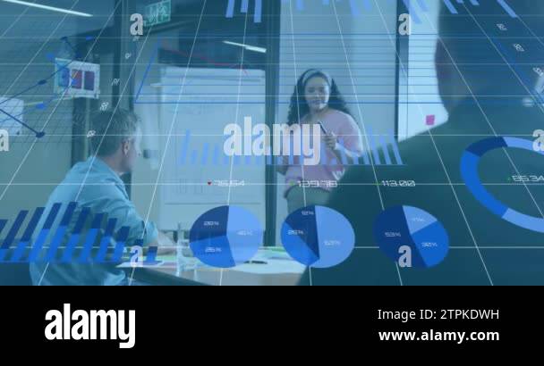 Animation of changing numbers, graphs, diverse woman explaining reports ...