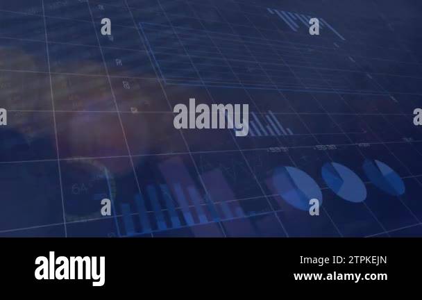 Animation of multiple graphs, changing numbers, loading circles over lens flares. Digital ...