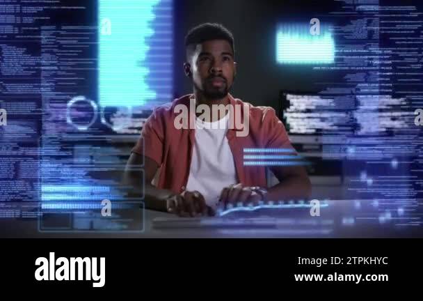 Hologram Man And Programmer With Code Focus And Digital Software With Big Data Server Or
