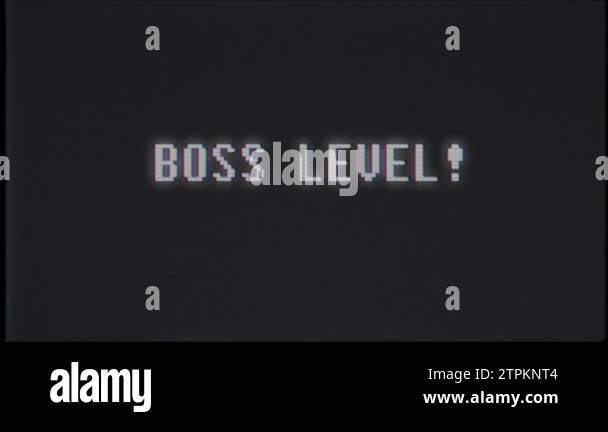 retro videogame BOSS LEVEL text computer old tv glitch interference ...