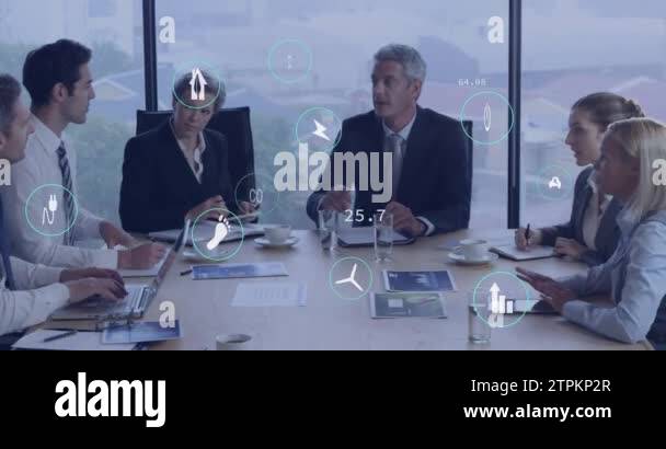 Animation of multiple icons over diverse coworkers sharing ideas in ...