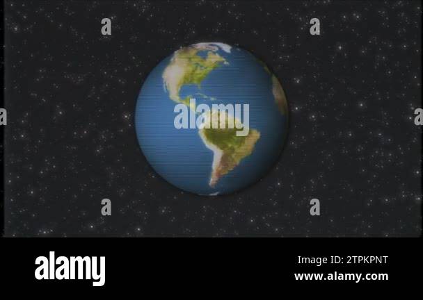 earth globe rotating in stars space old vhs tape glitch noise ...