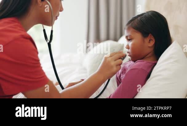 Breathing, doctor and sick child in the bedroom for healthcare ...
