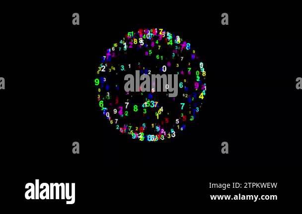 Spinning 3d sphere with colorful digital numbers on plain black ...