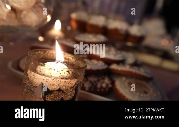 Candy bar in the restaurant, childrens party, birthday, lighted candle ...