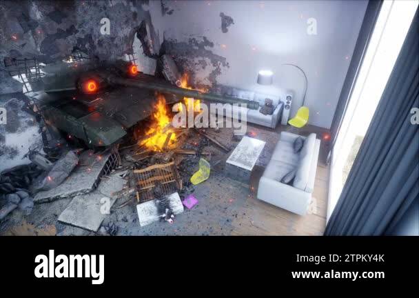 anti-war concept. military tank invaded in house. Realistic 4k ...