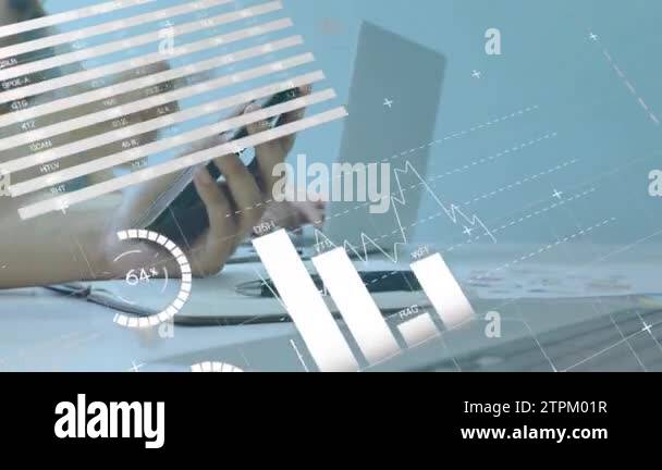 Animation of infographic interface over cropped hands of caucasian ...