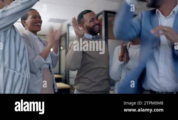 Business people, high five and clapping for teamwork, support or ...