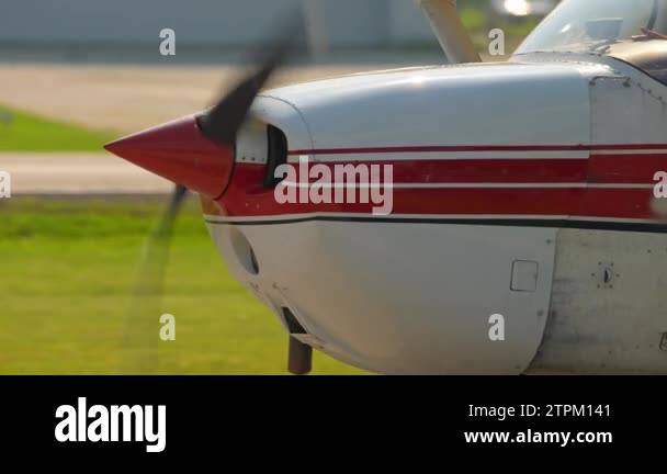 Plane engine with working propeller. Departure warm up of a small ...