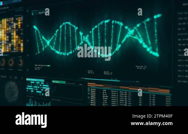 Analysis of DNA structure, molecules rotating on screen, genetic ...