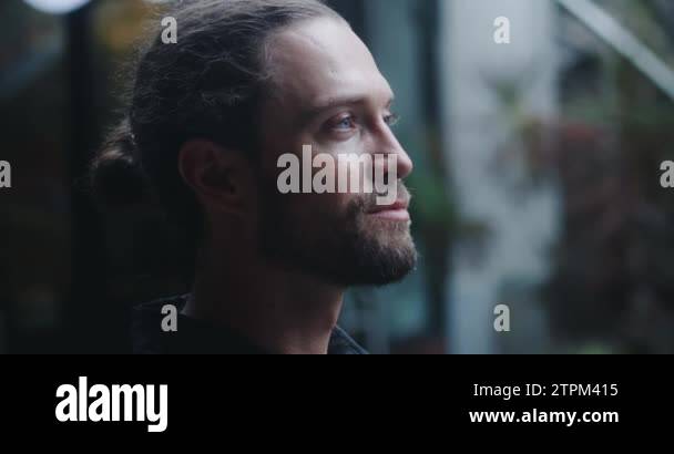 Closeup portrait of male face ambitious guy with wide white-toothed ...