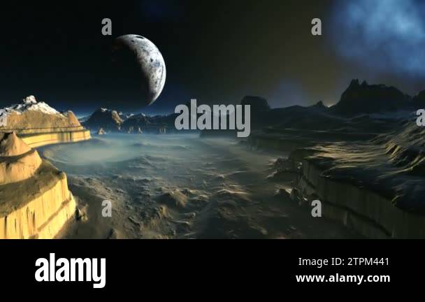 Dawn on the Alien Planet. Above the misty gorge is a large planet. In ...
