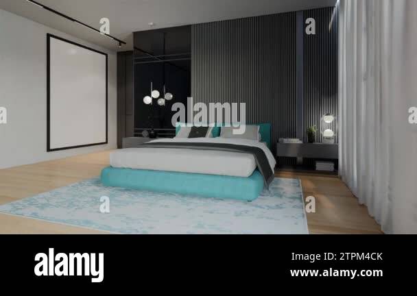 Modern Luxury Bedroom Animation with powder blue Color. 3D Illustration ...