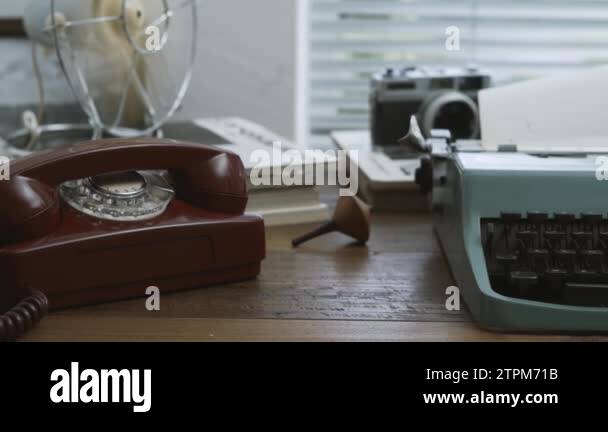 Old fashioned writer and reporter desk with typewriter, vintage camera ...