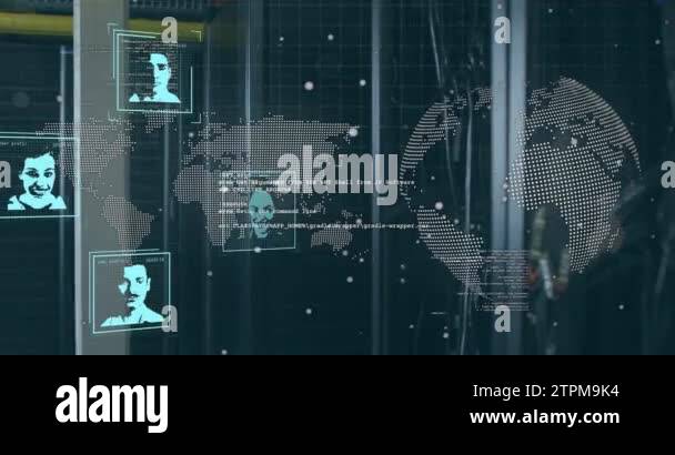 Animation of changing profile icons, world map and spinning globe ...