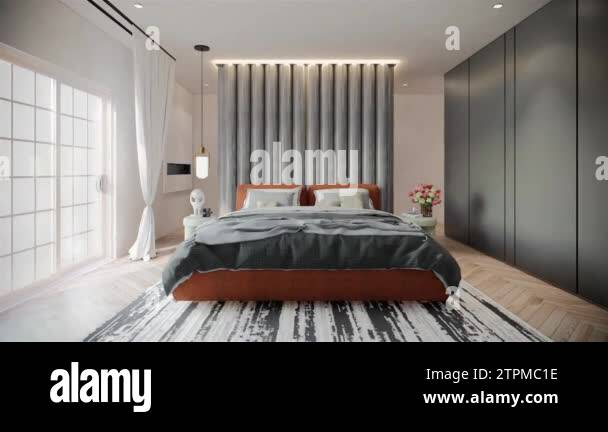 Modern Luxury Bedroom Animation with apricot Color. 3D Illustration ...