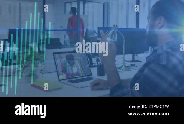 Animation of graphs over diverse coworkers sharing ideas during video call on laptop in office ...