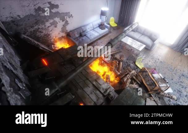 anti-war concept. military tank invaded in house. Realistic 4k ...