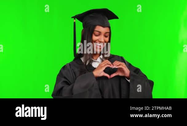 Happy woman, graduate and heart hands on green screen for love or ...