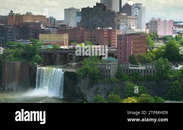 Rochester city landscape with High Falls on Genesee River. Upstate New ...