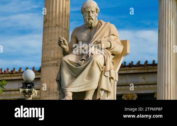 Statue of the great Greek philosopher Plato on a marble chair ...