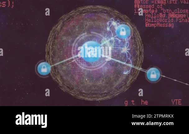 Animation of connected icons, rotating globe and computer language over black background ...