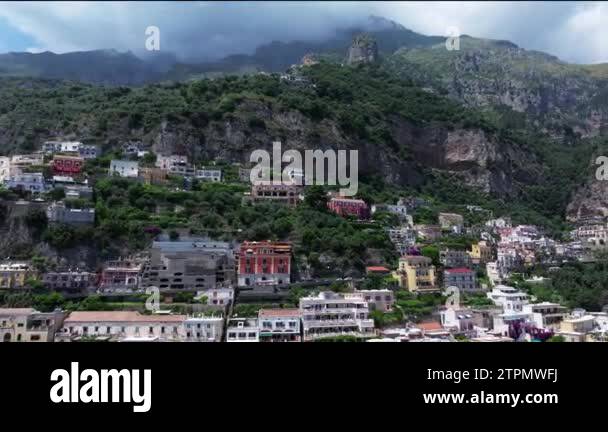 Positano, tourist destination on the Amalfi Coast, Italy. Aerial view ...