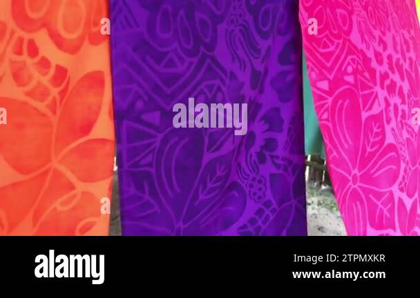 Tropical sarongs on display in Rarotonga Cook Islands.Traditional ...
