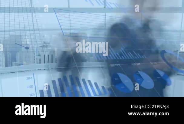 Animation of graphs, numbers, time lapse of walking people against city ...
