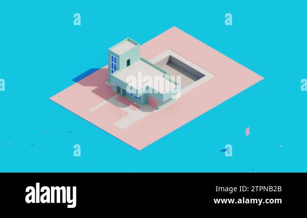 3d animation of constructing modern house with a swimming pool on the ... 3d animation of constructing modern house with a swimming pool on the ...