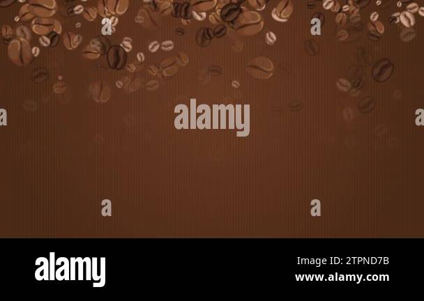 Seamless looping animation of drawn coffee beans falling from above on a brown soft background ...