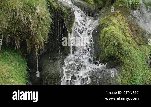 A small waterfall in a natural setting with moss and grass on the rocks ...
