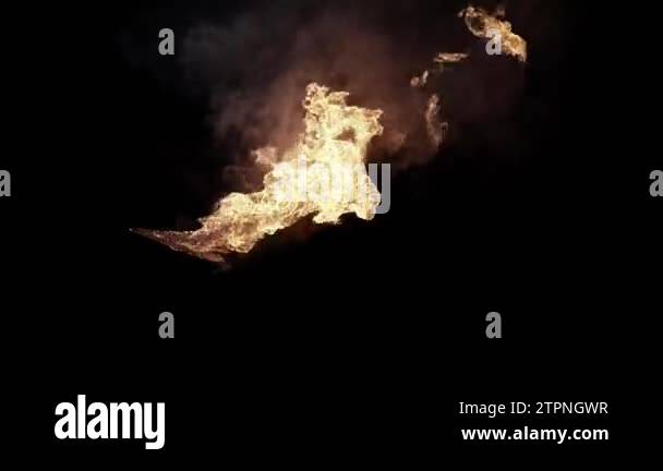 Fire flames sparks leaking from an oil gas pipeline on black background ...