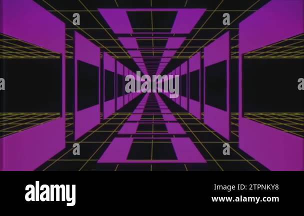 endless flight through retro style cyber purple grid tunnel VHS effect ...