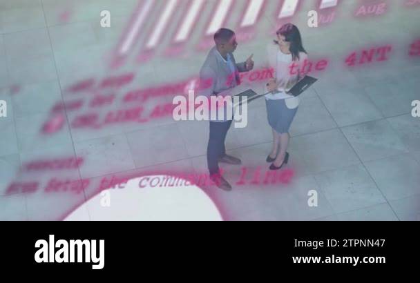 Animation of graph, globe and computer language, diverse coworkers ...