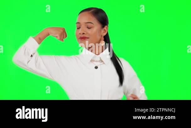 Woman, face and champion with power on green screen, feminism and ...