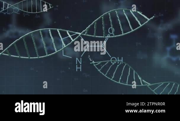 Rotating dna strands over element structures on black background ...