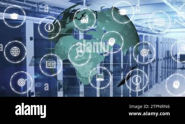 Animation of icon in circles and rotating globe, graphs, radars over data server room. Digital ...