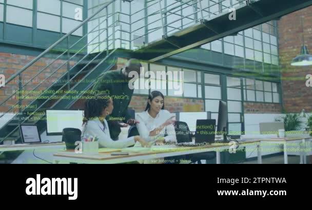 Animation of computer language over diverse coworkers discussing reports on laptop in office ...
