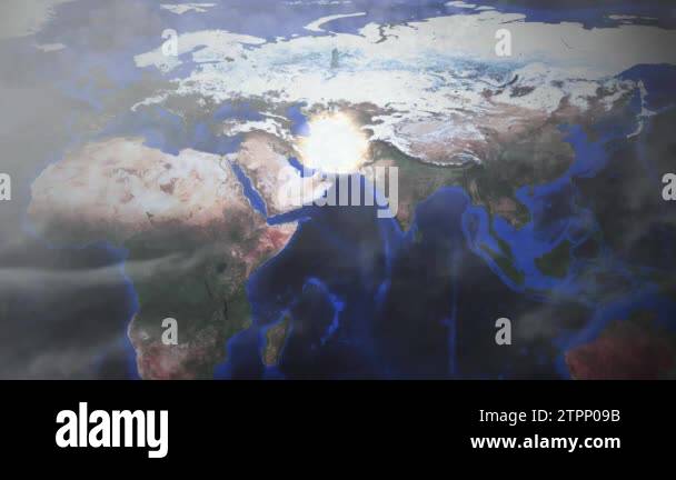 A nuclear bomb goes off as seen from an aerial space drone view ...