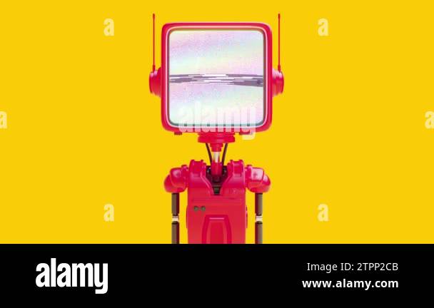 Cartoon robot with head shaped like monitor and digital noise on screen ...