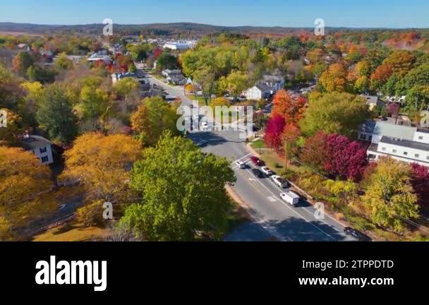 Wayland historic town center aerial view in fall with fall foliage at ...