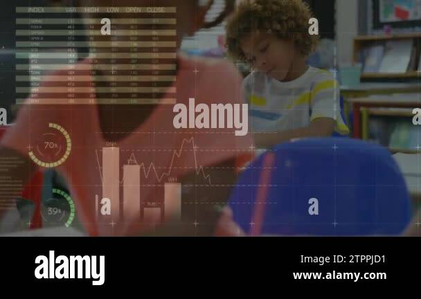 Animation of multicolored infographic interface over diverse students ...