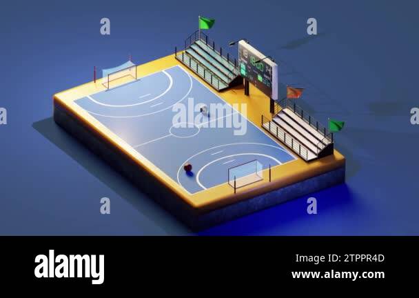 3D isometric looped of modern soccer field with gates and balls near ...