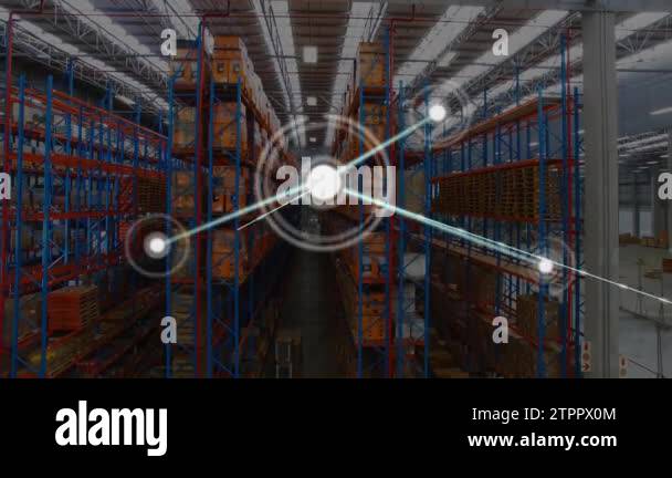 Animation of dots connected with lines over aerial view of warehouse ...