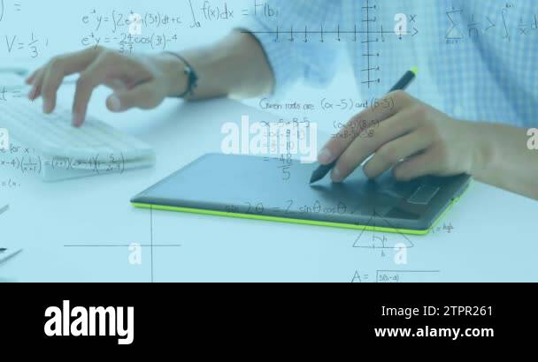 Animation of mathematical equation and diagrams, caucasian man using ...