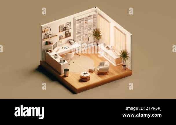 3d animation loop of isometric view of modern study room in cartoon ...