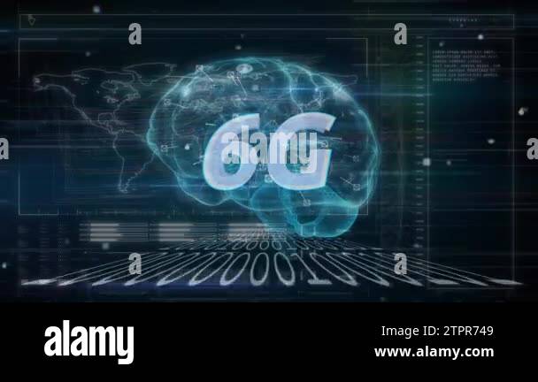 Animation of 6g text over spinning human brain icon against interface with data processing ...